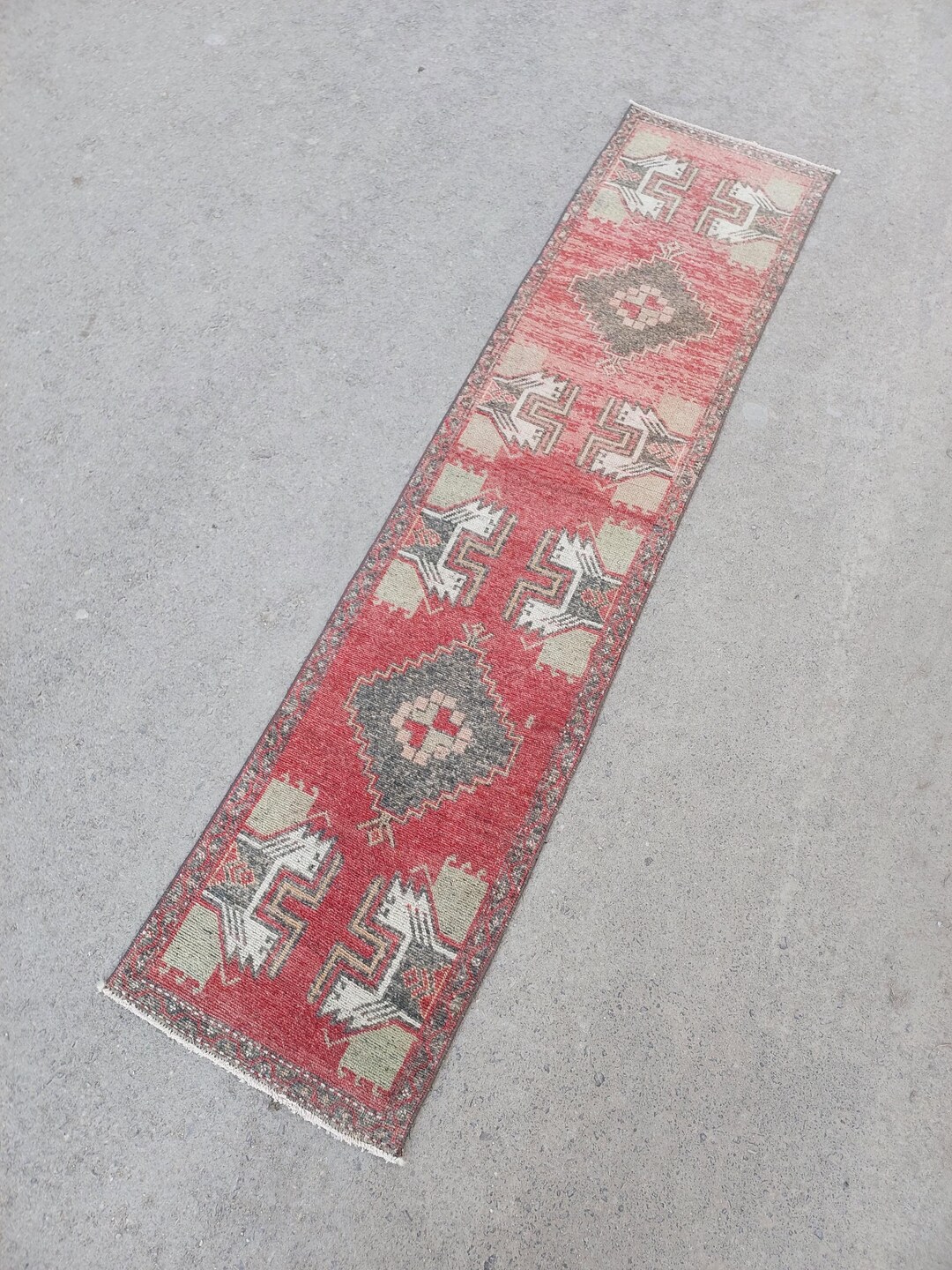 2x7 Red and Gray Tones Runners, 2x7 Small Vintage Turkish Oushak ...