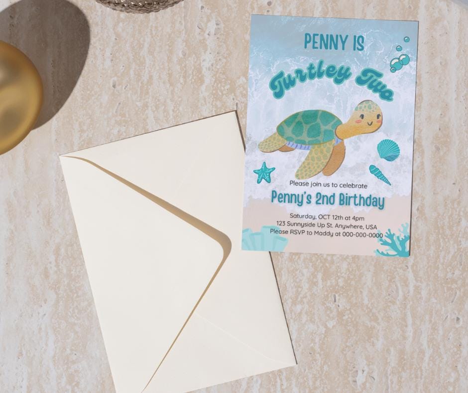 Turtley Two Birthday Party Invitation & Welcome Poster Template, Sea ...