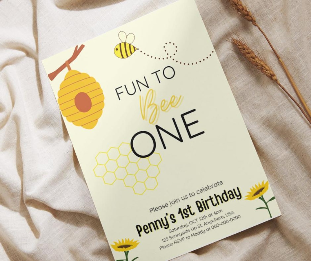 Fun to BEE One! 1st Birthday Party Invitation Template, Bee Theme First ...