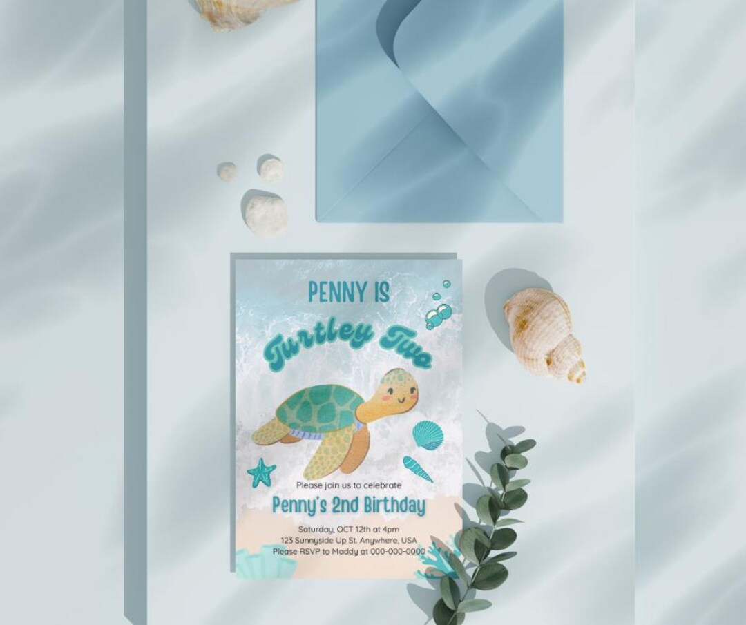 Turtley Two Birthday Party Invitation & Welcome Poster Template, Sea ...