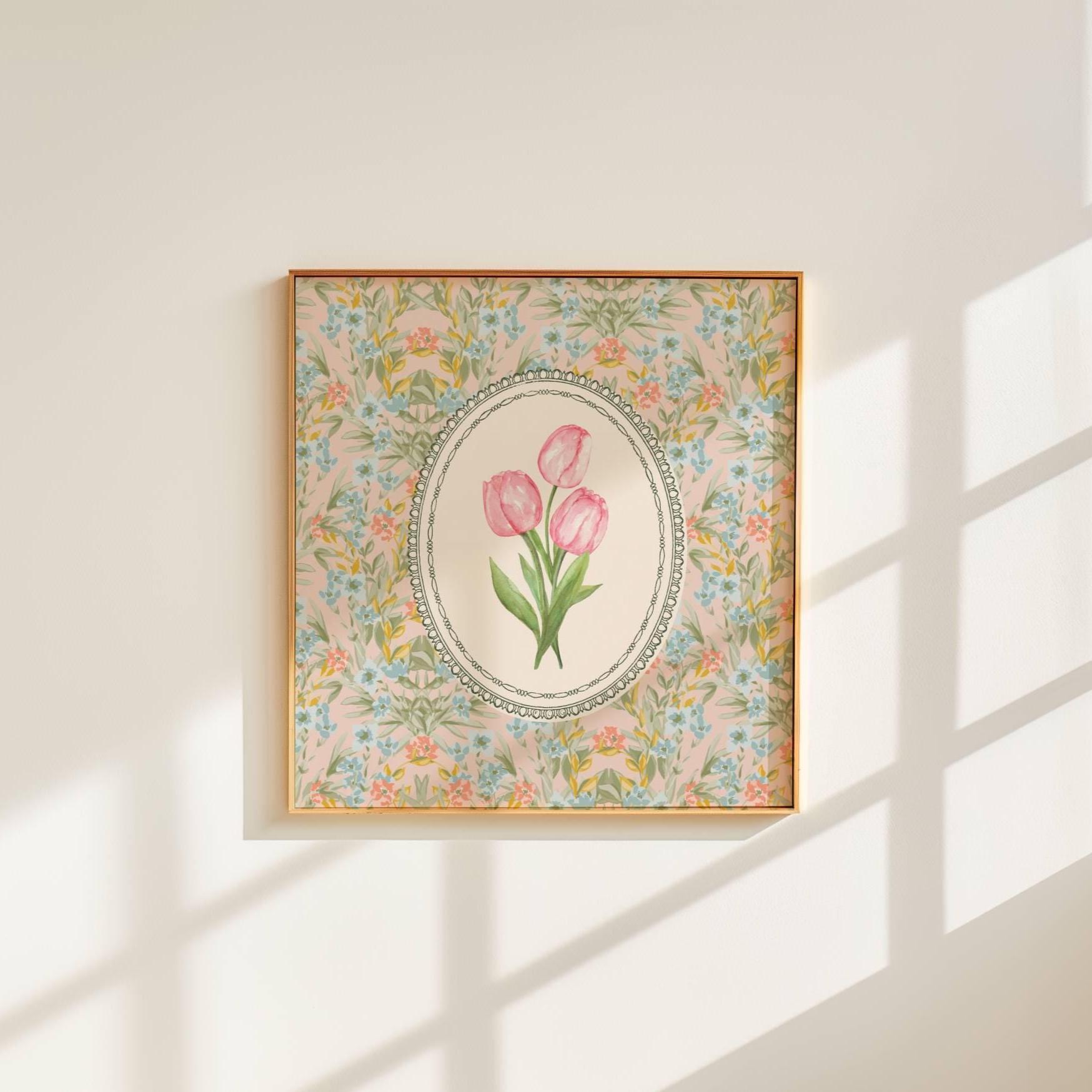 Pink Tulips Square Art Print: Vintage Floral Botanical Wall Decor ...