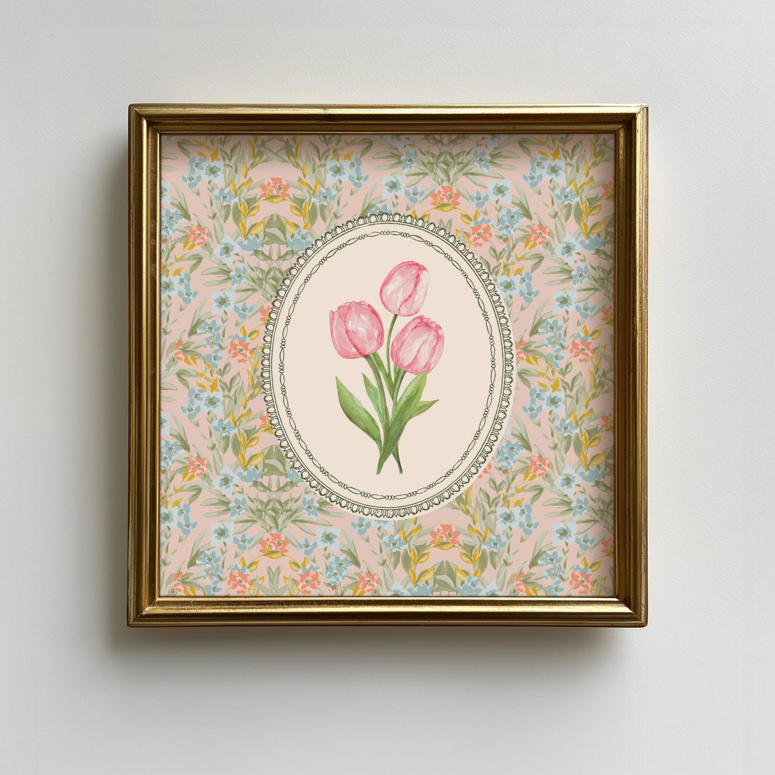 Pink Tulips Square Art Print: Vintage Floral Botanical Wall Decor ...
