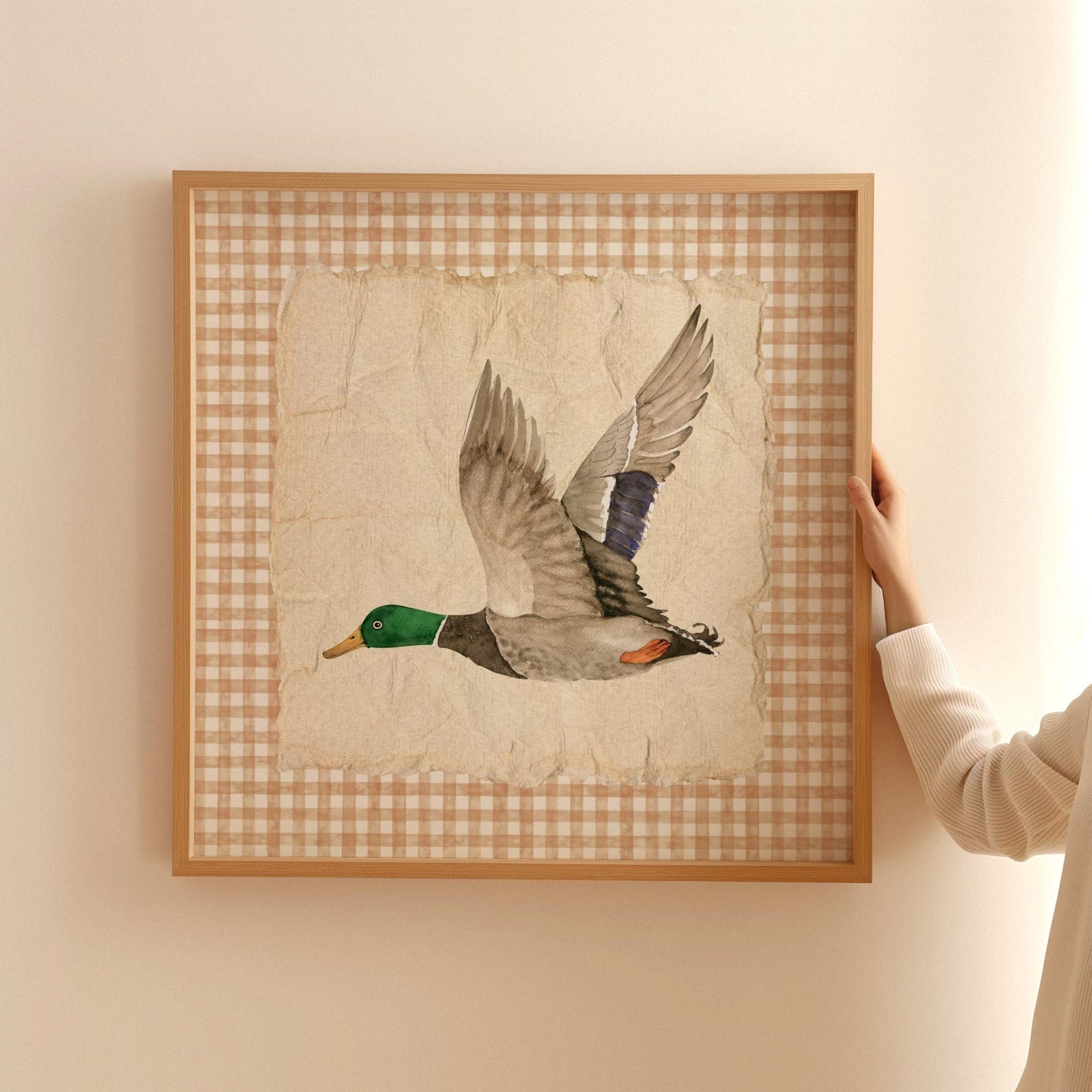 Vintage Mallard Duck Gingham Square Print, Trendy Decor, Bird ...
