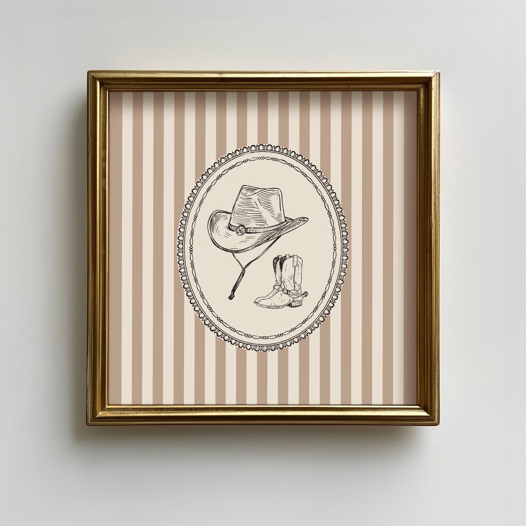 Vintage Western Square Print: Cowboy Hat & Boots, Brown Striped, Retro ...