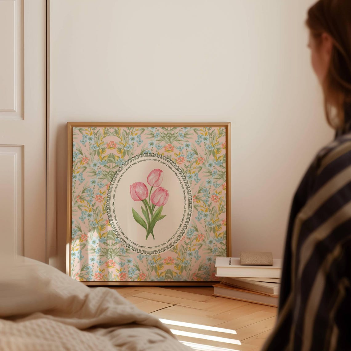 Pink Tulips Square Art Print: Vintage Floral Botanical Wall Decor ...