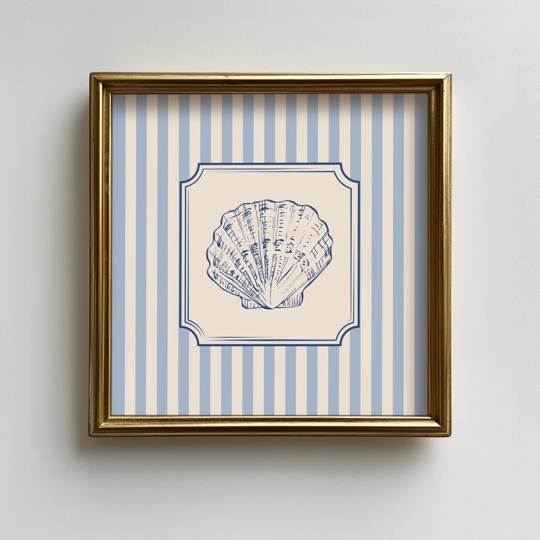 Vintage Ocean Shell Print: Blue Striped Coastal Seashell Wall Decor ...