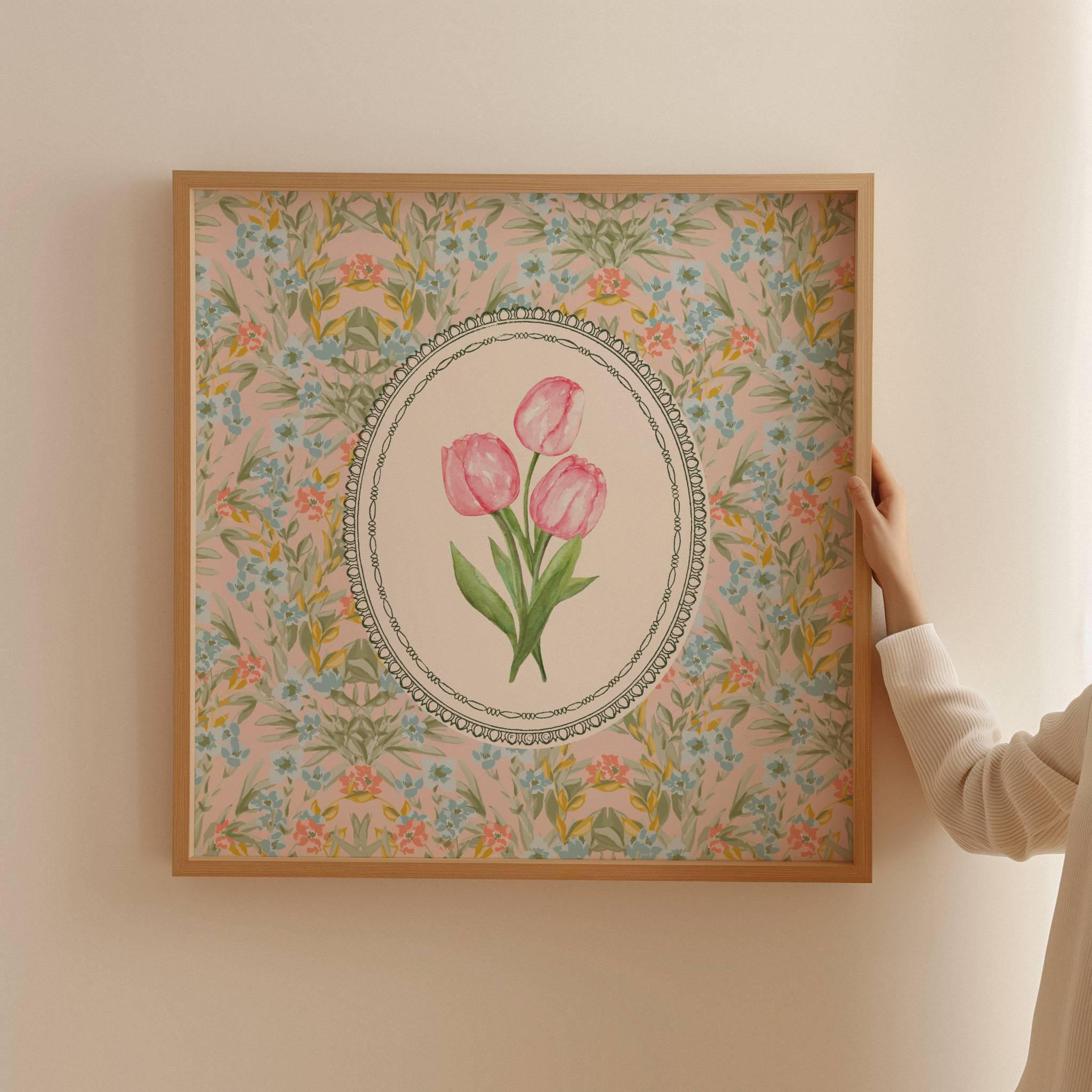 Pink Tulips Square Art Print: Vintage Floral Botanical Wall Decor ...