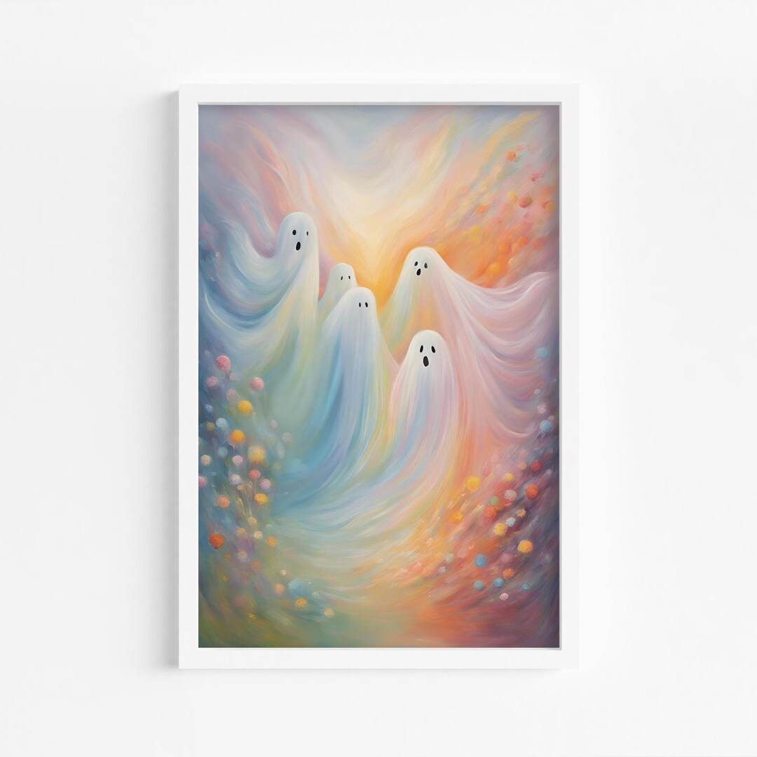 Rainbow Pastel Ghosts Painting, Pink Halloween Ghosts Wall Art Print ...