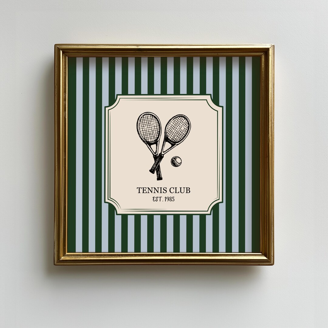 Vintage Tennis Racket Square Print, Blue Striped Sport Wall Art ...