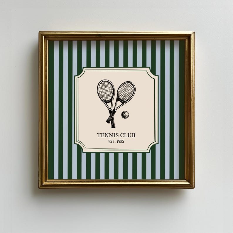 Vintage Tennis Racket Square Print, Blue Striped Sport Wall Art ...