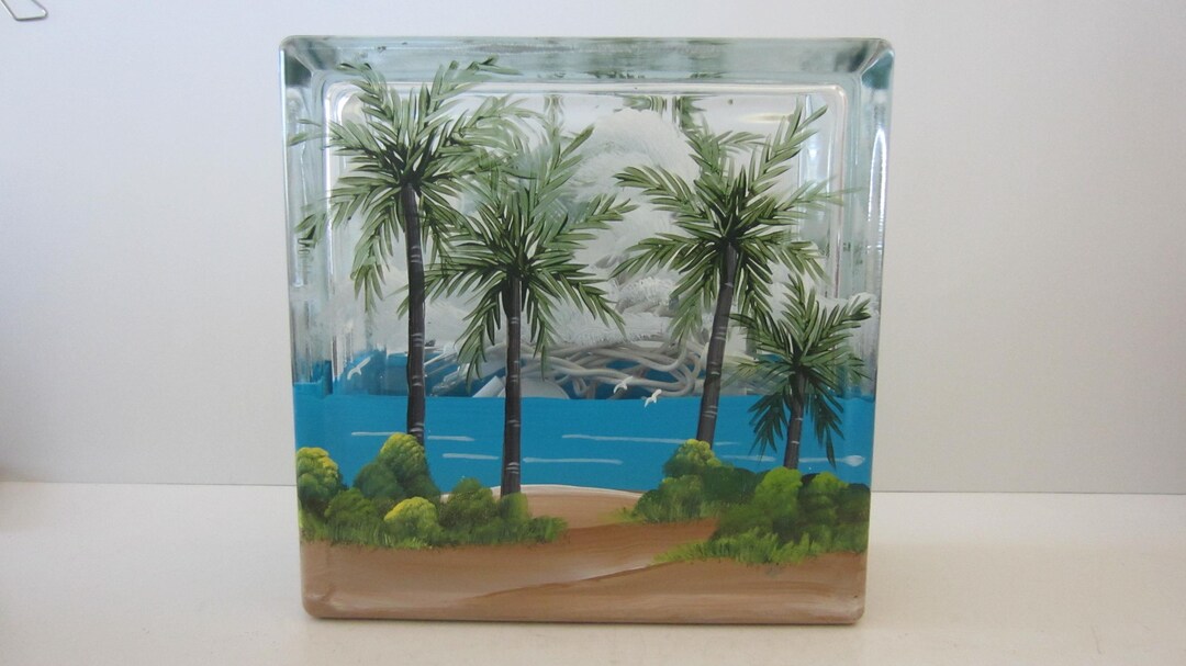 Palm Tree Glass Lighted Block ** Palm Tree, Tropical Beach Scene on A ...