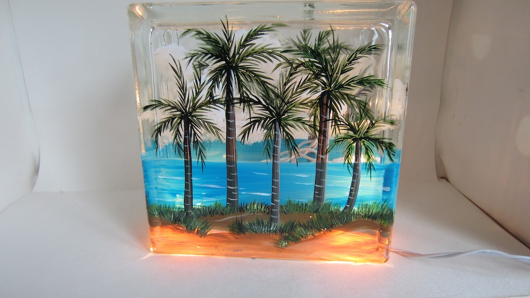 Palm Tree Glass Lighted Block ** Palm Tree, Tropical Scene on A Lighted ...