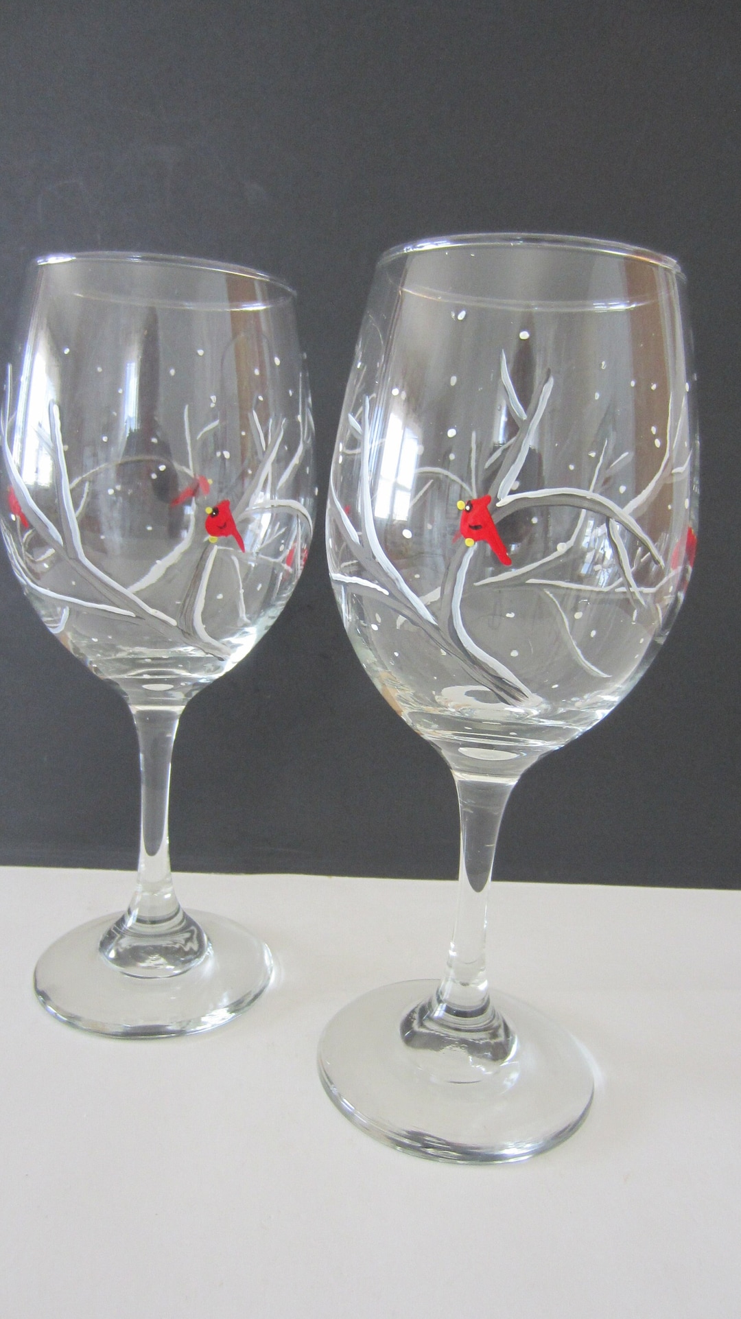 2 WINTER BRANCH With CARDINALS Stem Wine Glasses *** Hand Painted Wine ...
