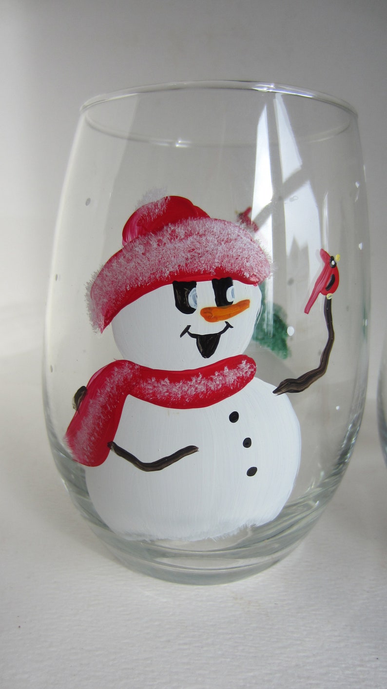 2 WINTER SNOWMAN STEMLESS Glasses*** With A Snowman and A Cardinal on a ...
