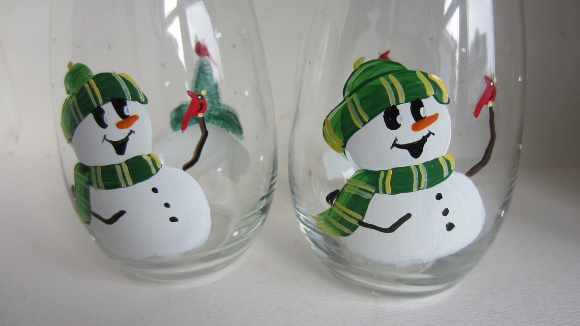 2 WINTER SNOWMAN STEMLESS Glasses With A Snowman and A - Etsy