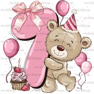 Teddy Bear 7th Birthday PNG, Coquette Number Seven, Balloon Baby Girl ...