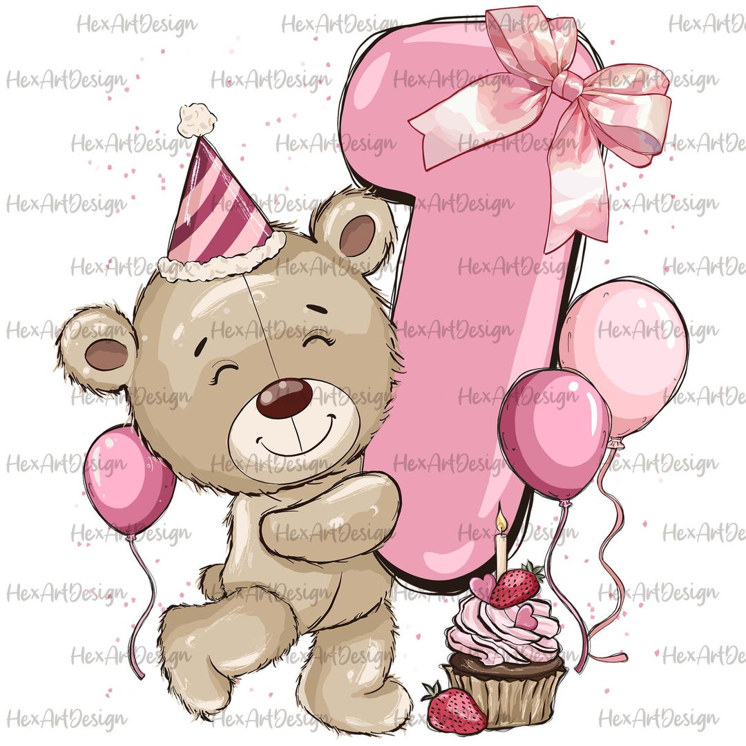 Teddy Bear 1st Birthday PNG, Coquette Number One, Balloon Baby Girl Png ...