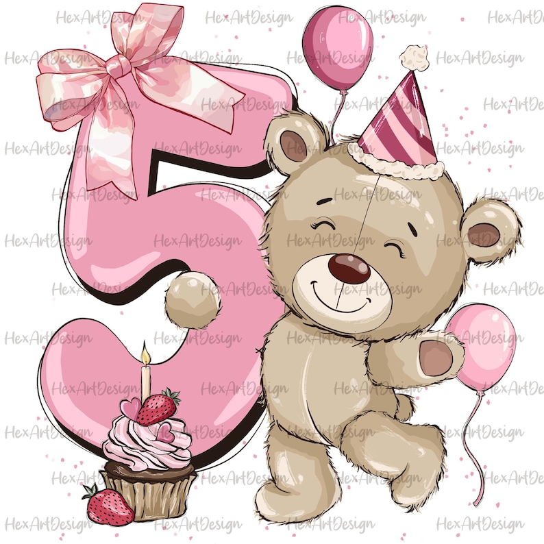 Teddy Bear 5th Birthday PNG, Coquette Number Five, Balloon Baby Girl ...