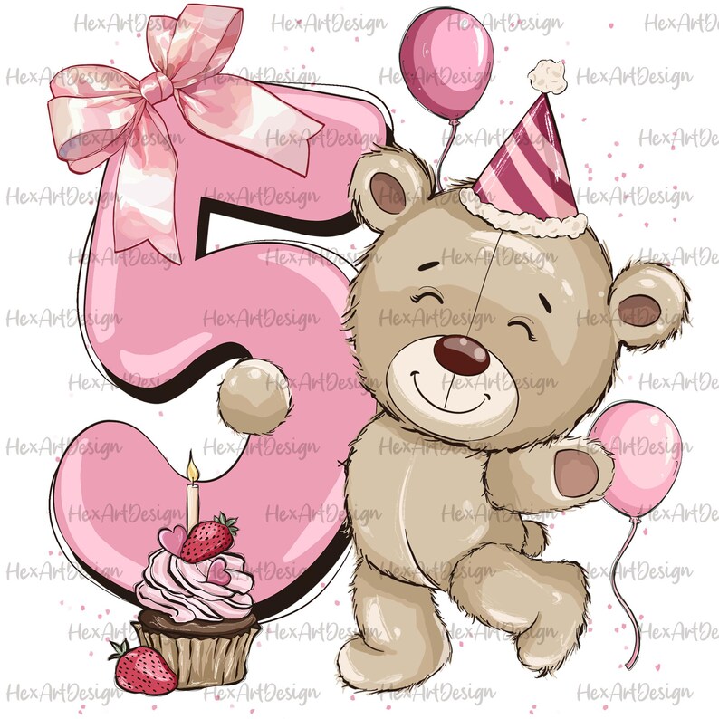 Teddy Bear 5th Birthday PNG, Coquette Number Five, Balloon Baby Girl ...