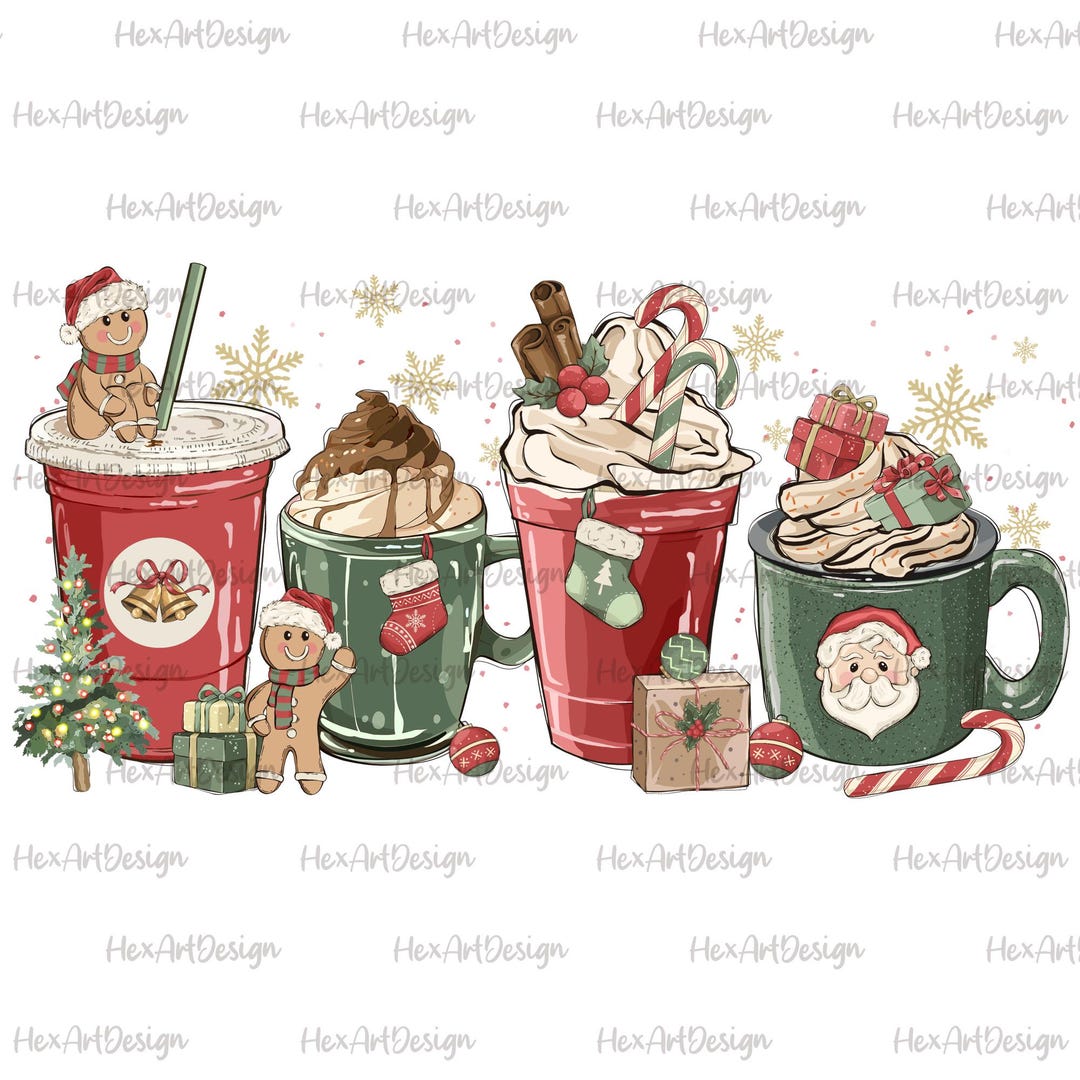 Christmas Coffee Cups PNG, Merry Christmas, Cozy Winter, Gingerbread ...