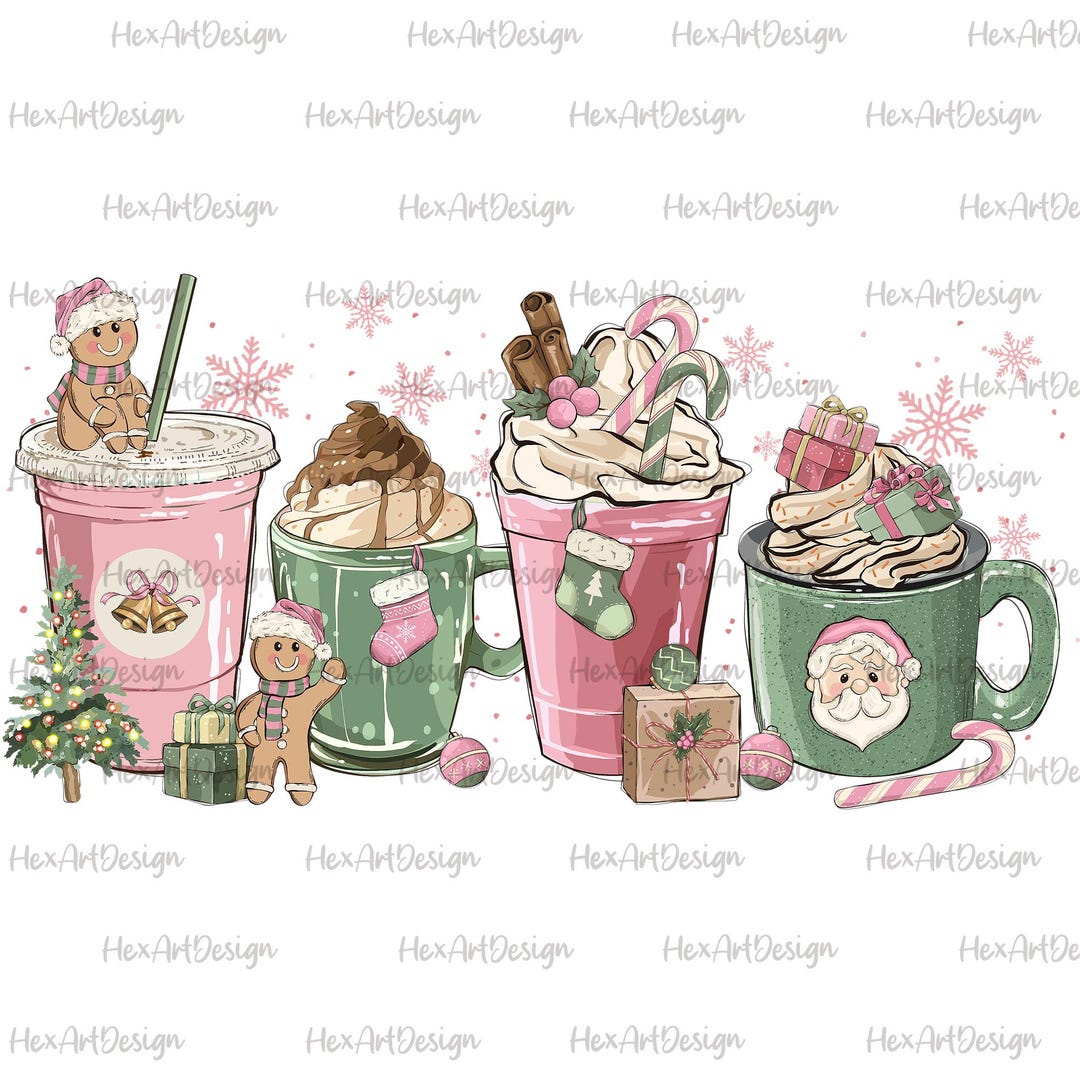 Pink Christmas Coffee Cups PNG, Merry Christmas, Cozy Winter, Digital ...