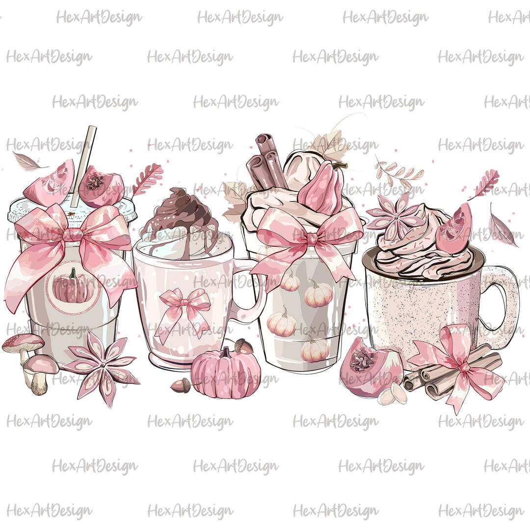 Fall Latte Pink Coquette Coffee Cups PNG, Fall Season Digital File ...