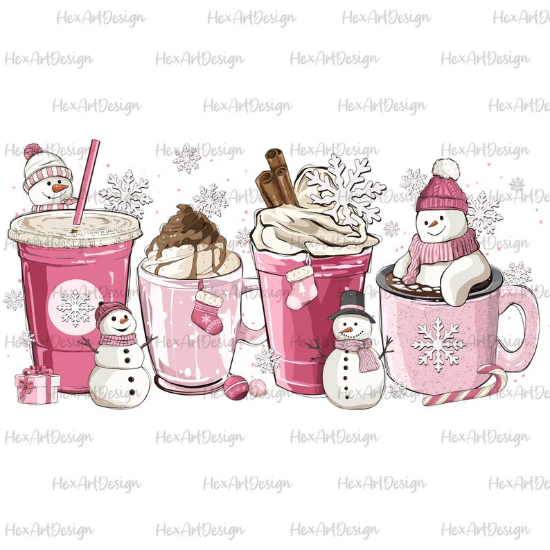 Pink Winter Coffee Cups PNG, Iced Latte, Snowmen, Holiday, Digital File ...