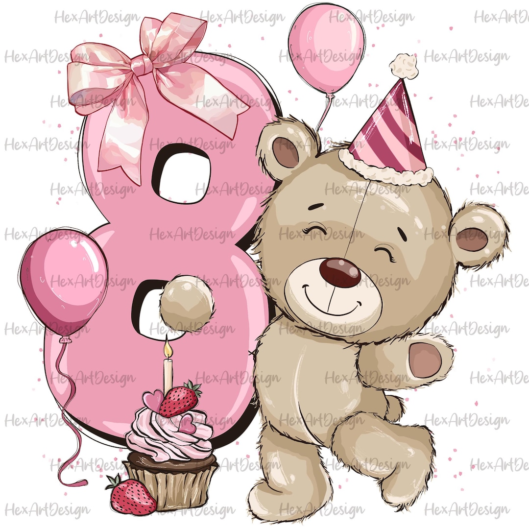 Teddy Bear 8th Birthday PNG, Coquette Number Eight, Balloon Baby Girl ...