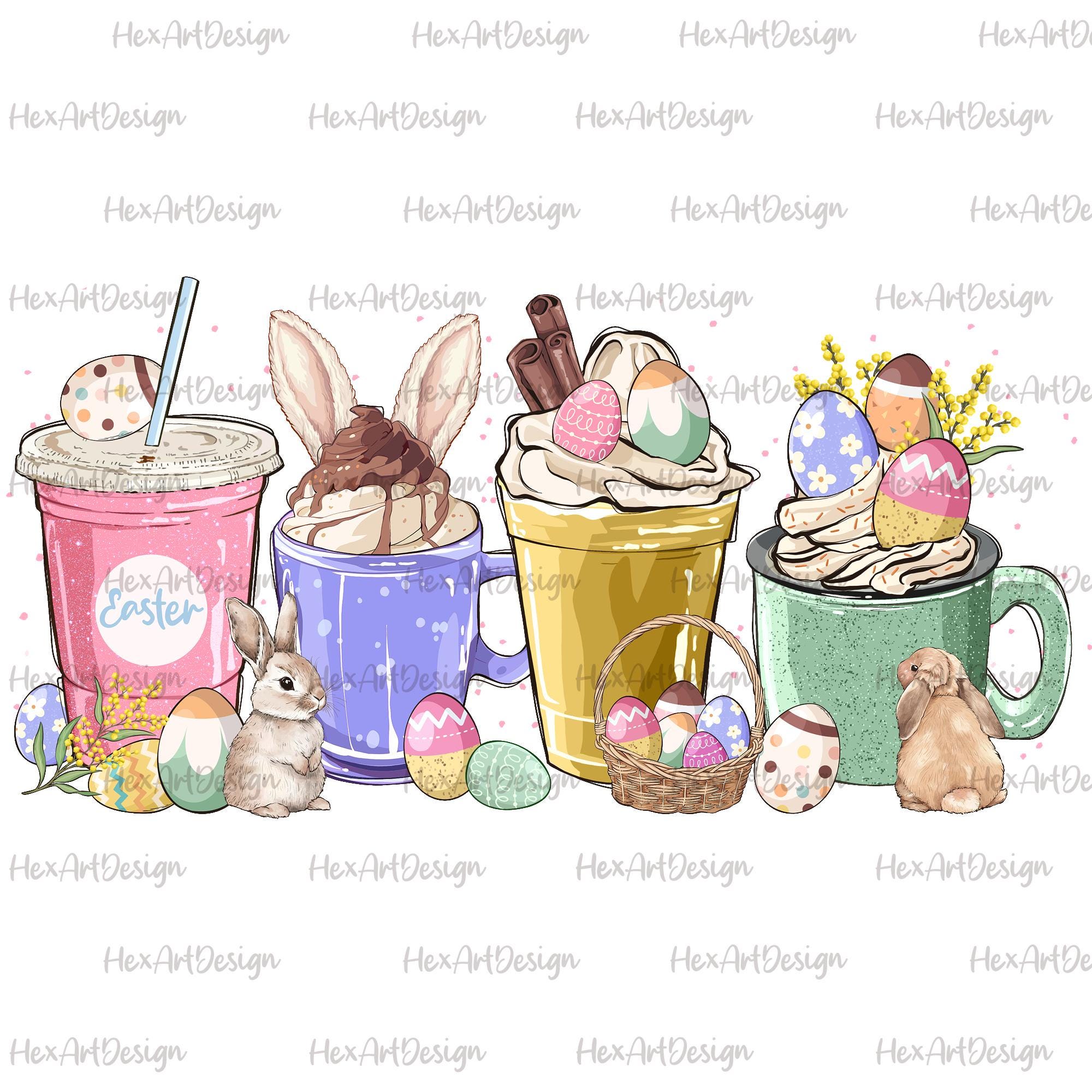 Easter Bunny Coffee Cups PNG, Happy Easter, Digital File, Hand Drawn - Etsy