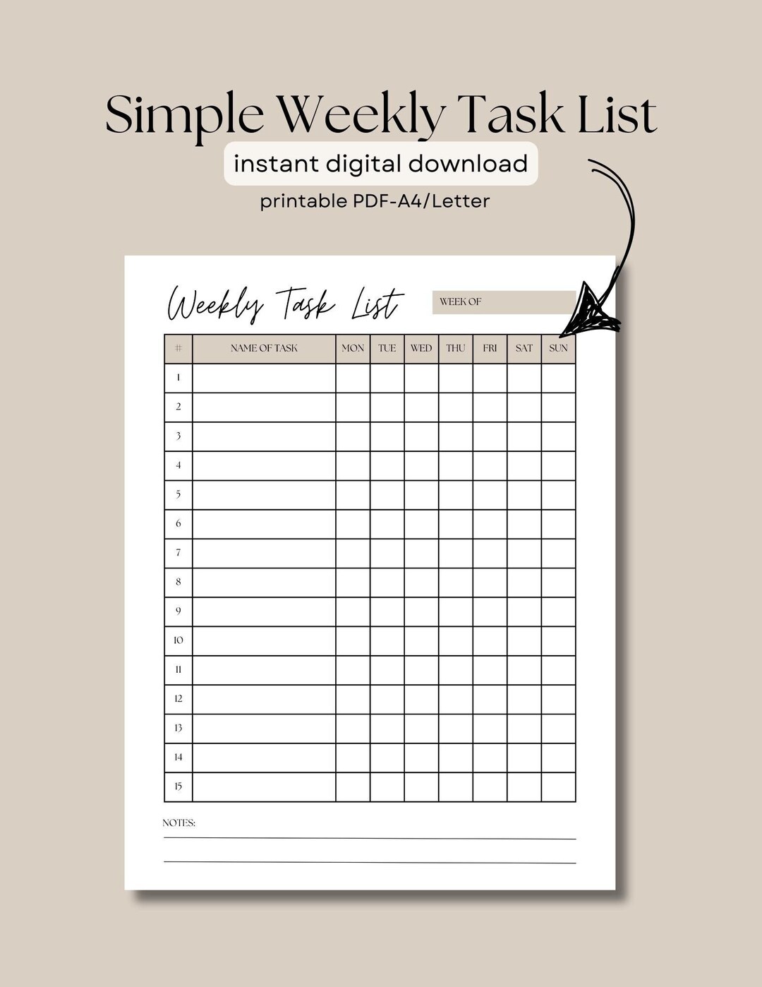 Simple Weekly Task List Canva Template Printable, to Do List, Planner ...
