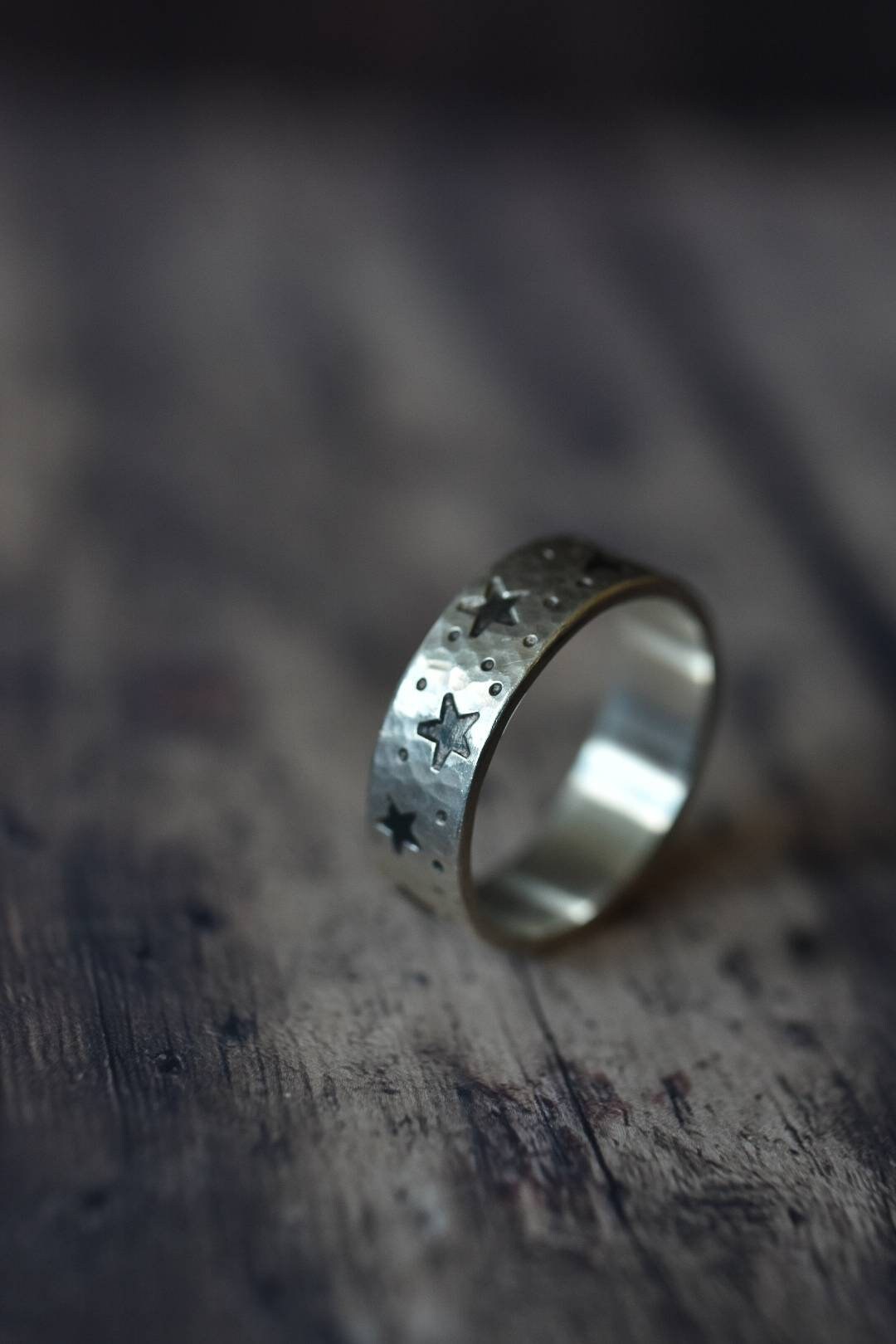 Sterling Silver Celestial Band Ring, Chunky Hammered Star Ring, Star ...