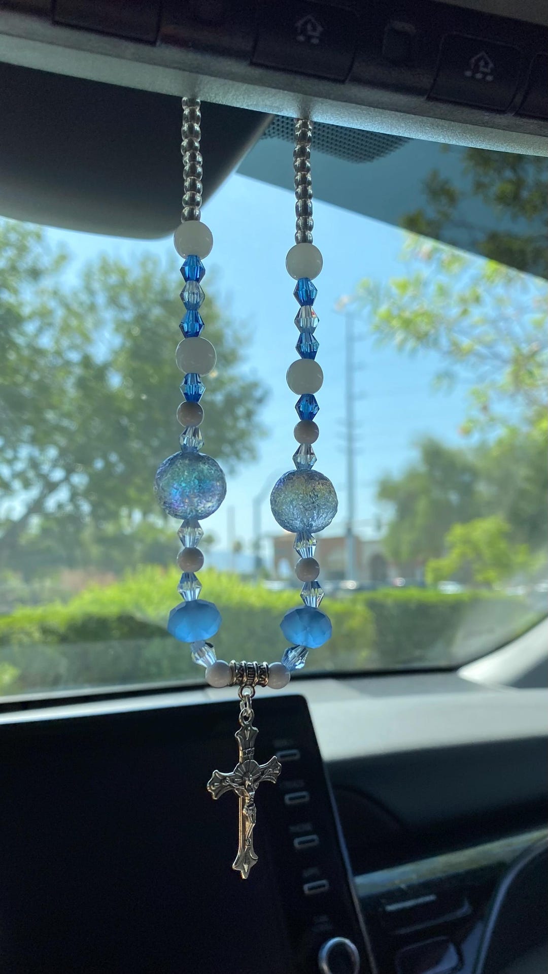 Blue and White Car Charm With Cross, Vehicle Decoration, Travel ...