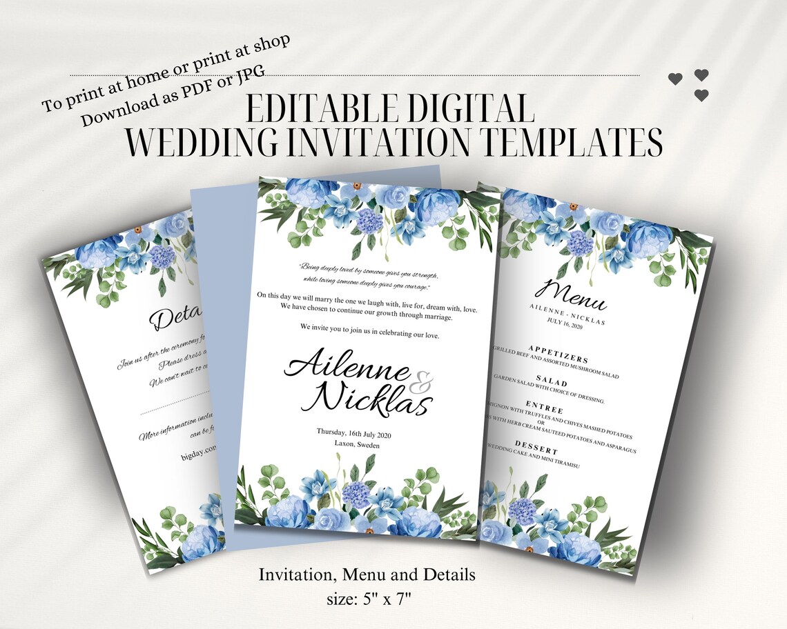 Elegant Editable Printable Blue Wedding Invitation Template - Etsy