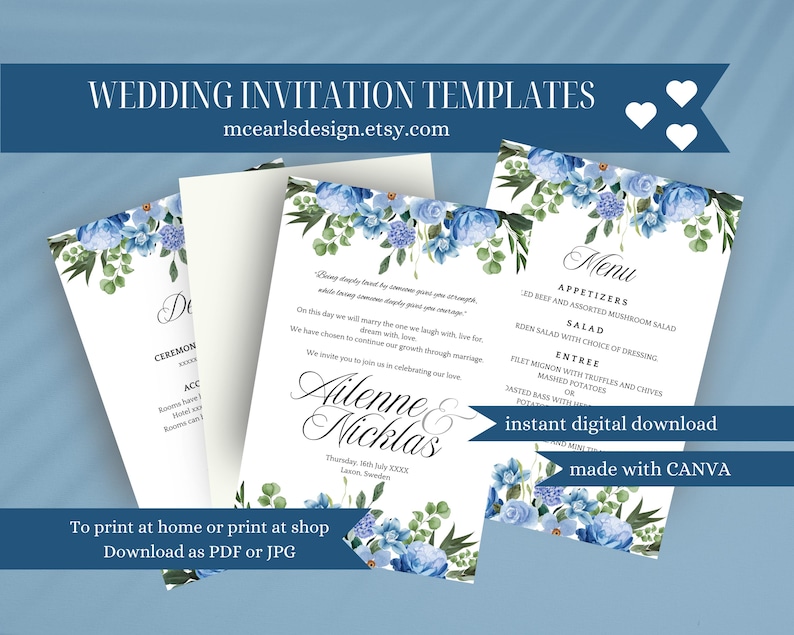 Elegant Blue Wedding Invitation Template - Etsy