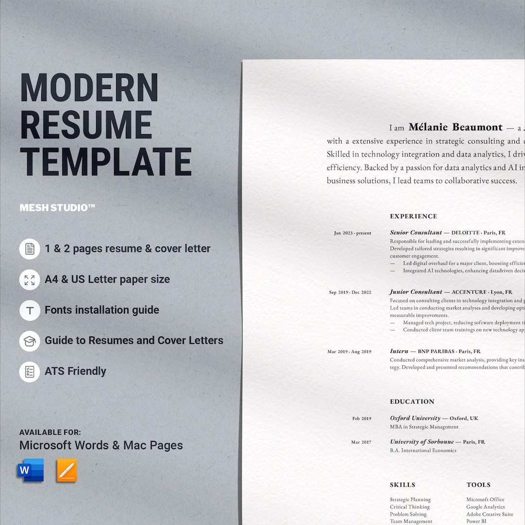 Modern Resume Template With Cover Letter 1 and 2-page Editable CV ...