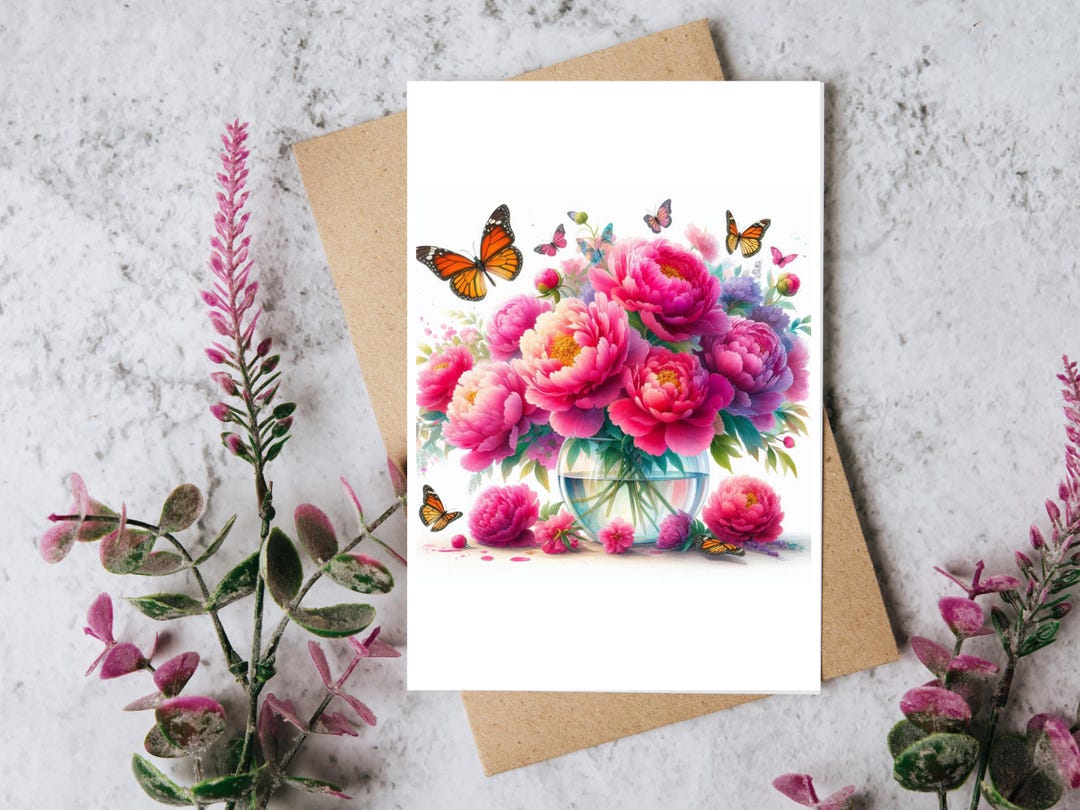 Peony Greeting Card Elegant Floral Blank Card Blank Peony Card Soft ...