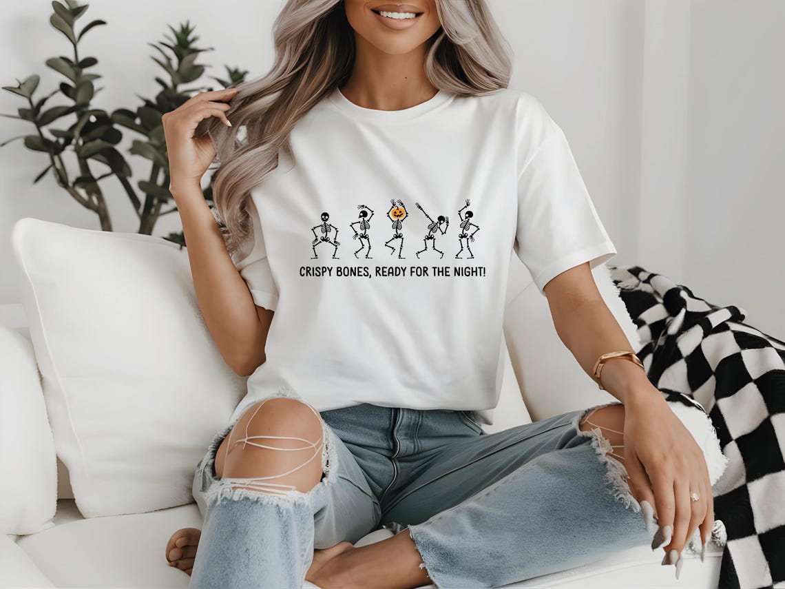 Dancing Skeleton Shirt, Crispy Bones Skeleton, Halloween Pumpkin Head ...