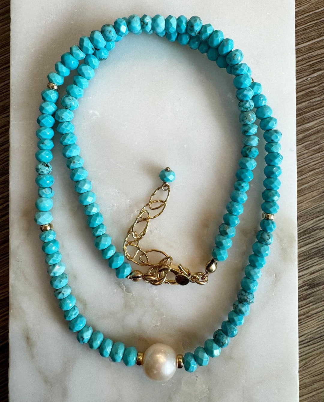 Genuine Turquoise Necklace With Freshwater Pearl | Gold Filled Accents ...