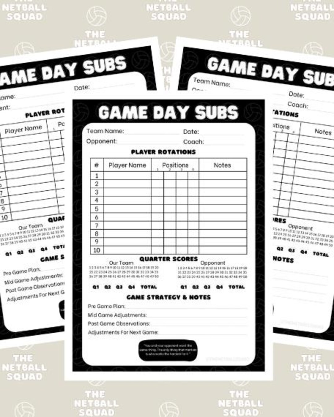 Netball Game Day Subs Template Printable Player Rotation and Score ...