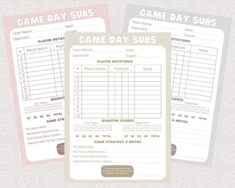 Netball Game Day Subs Template Printable Player Rotation and Score ...