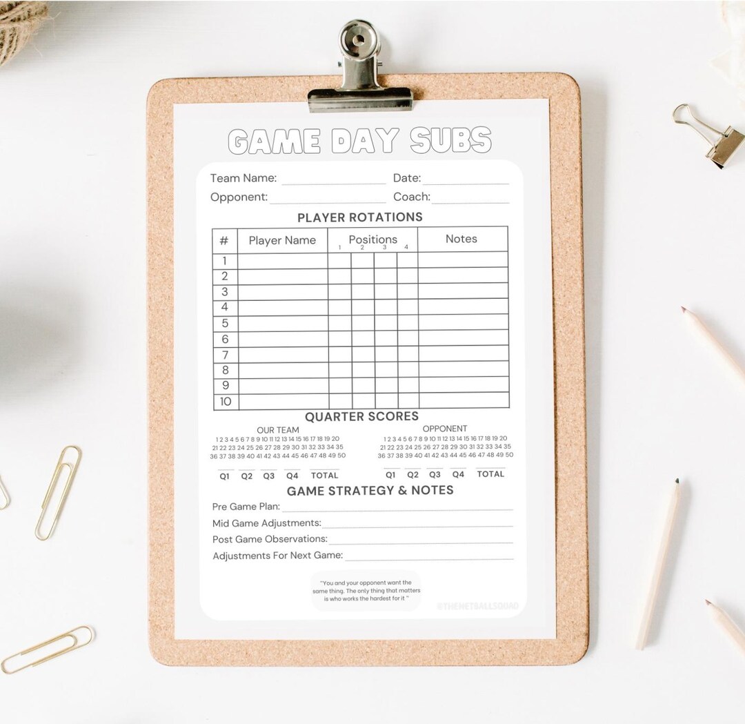 Netball Game Day Subs Template | Printable Player Rotation and Score ...