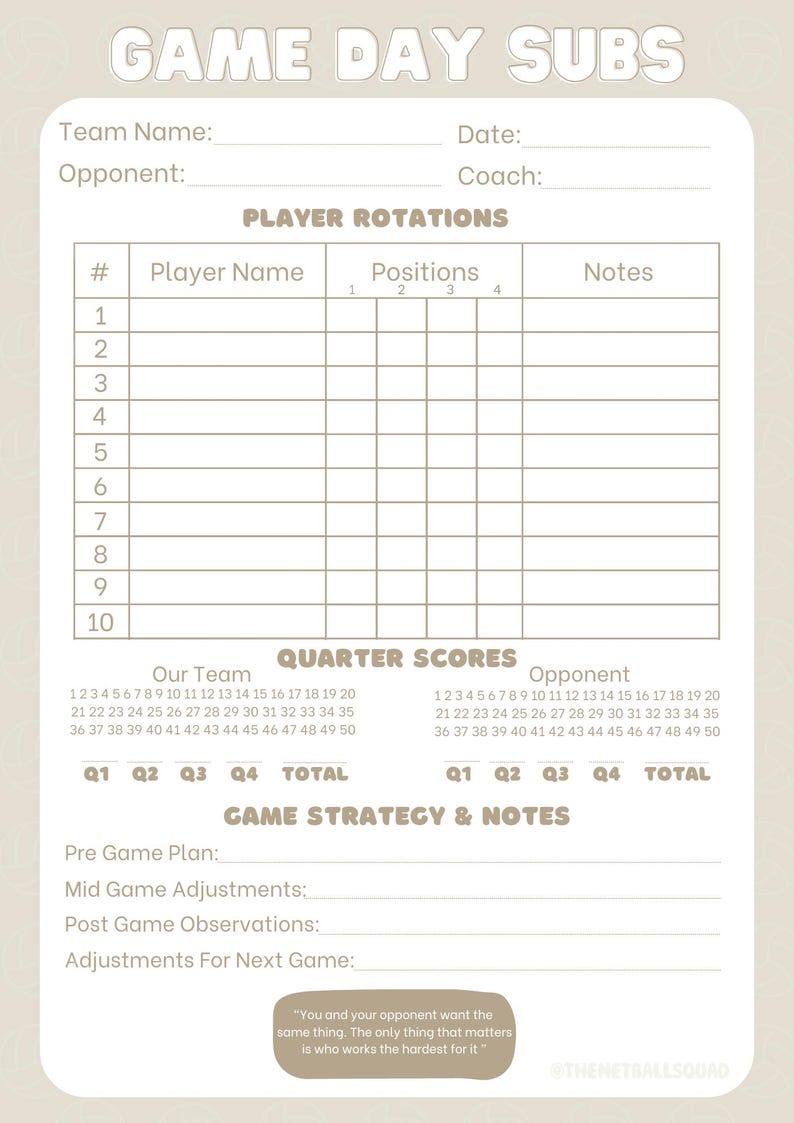 Netball Game Day Subs Template Printable Player Rotation and Score ...