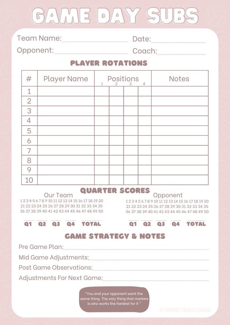 Netball Game Day Subs Template Printable Player Rotation and Score ...
