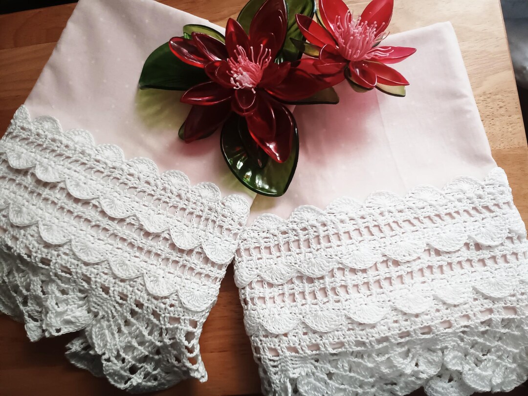 Pillowcases, Pretty in Pink With White Polka Dots, Handmade Crocheted ...