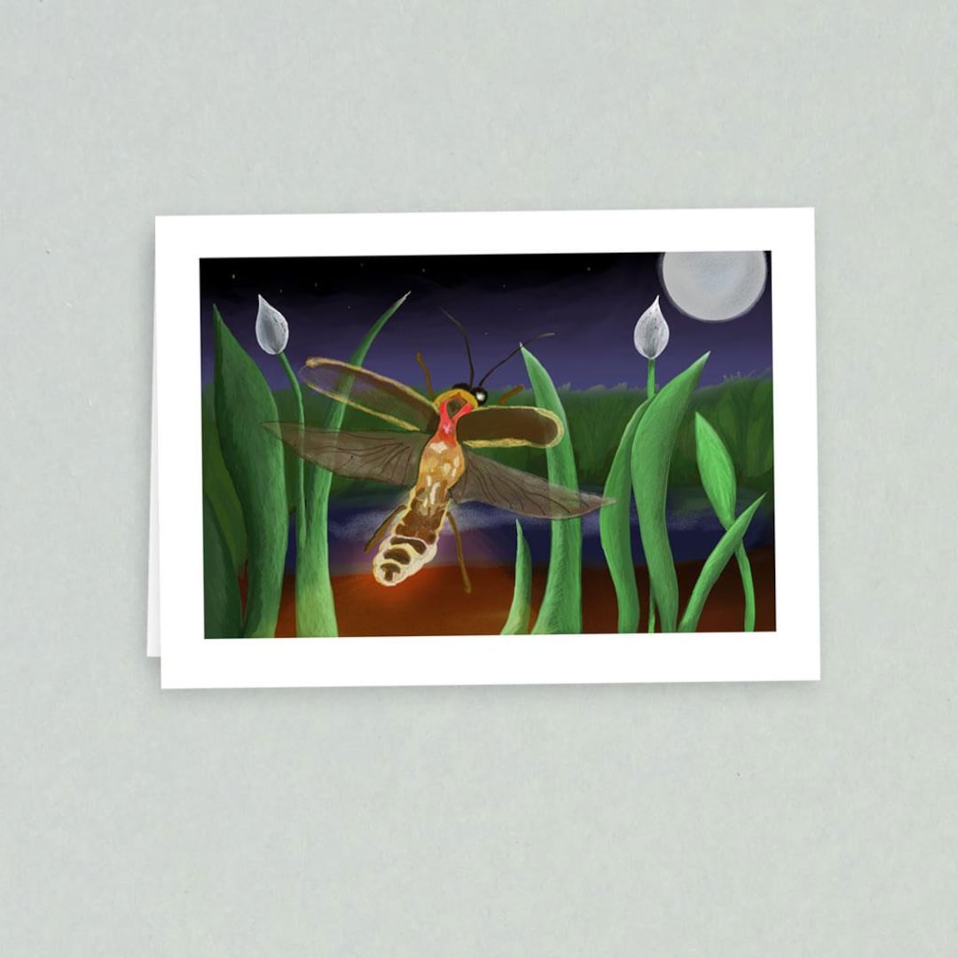 Firefly in Moonlight Painting Greeting Card, Beautiful Serene Bug ...