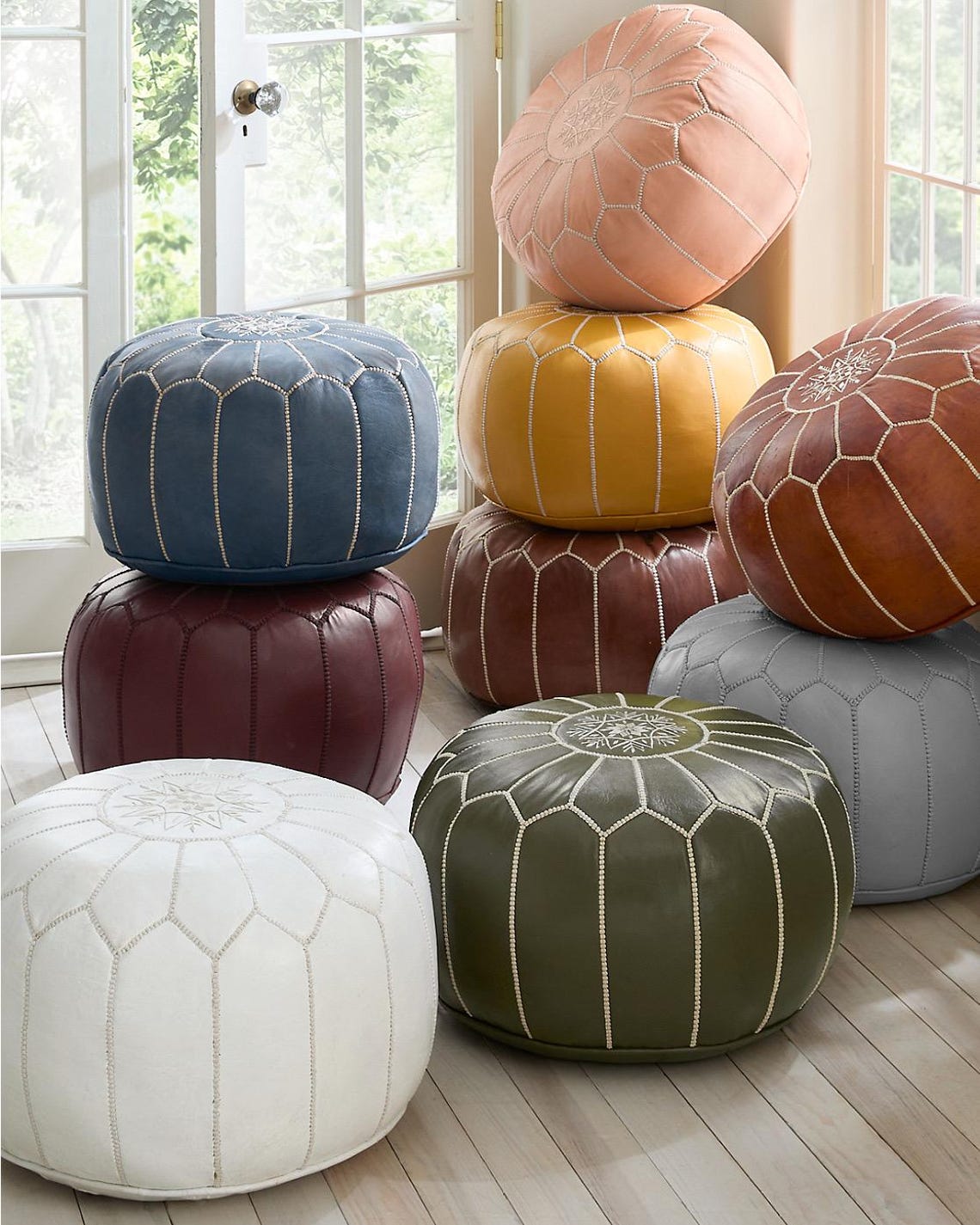 Moroccan Leather Pouf, Bohemian Ottoman Footstool, Ethnic Berber Round ...