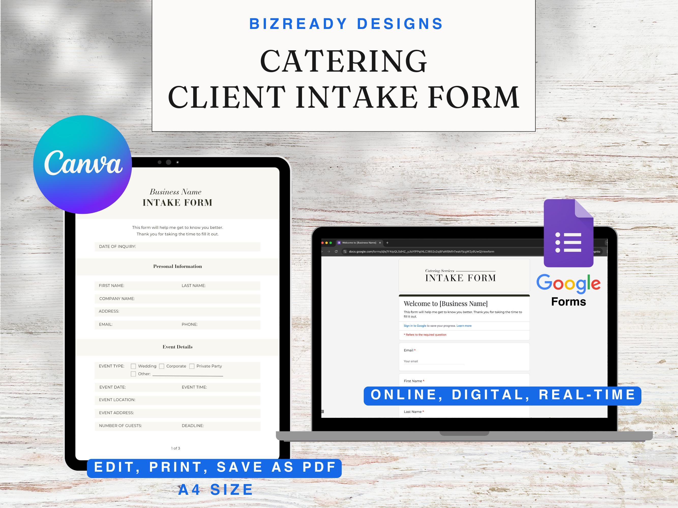 Catering Client Intake Form, Client Questionnaire Catering, Catering ...