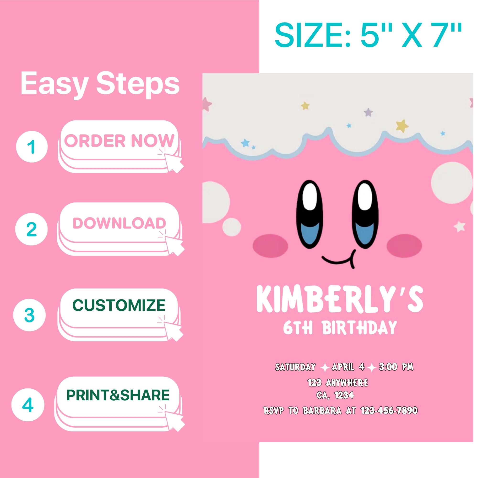 Kirby Birthday Invitation Editable Kirby Party Invitation Template Birthday Invite Edit and ...
