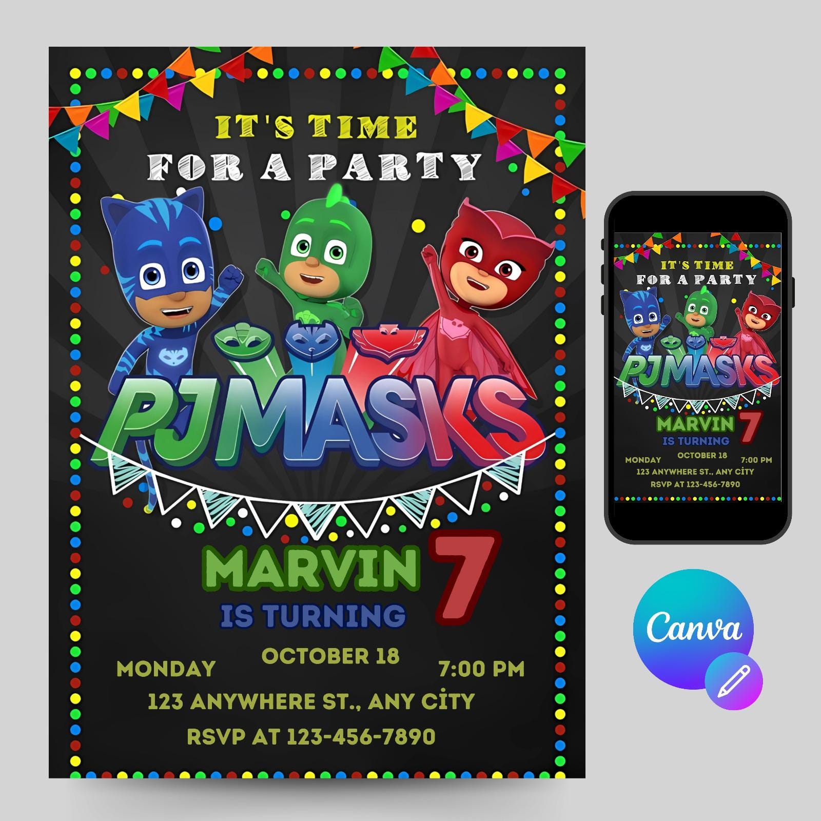 PJM Birthday Invitation, Kids Digital Invitation, Editable PJ Masks ...