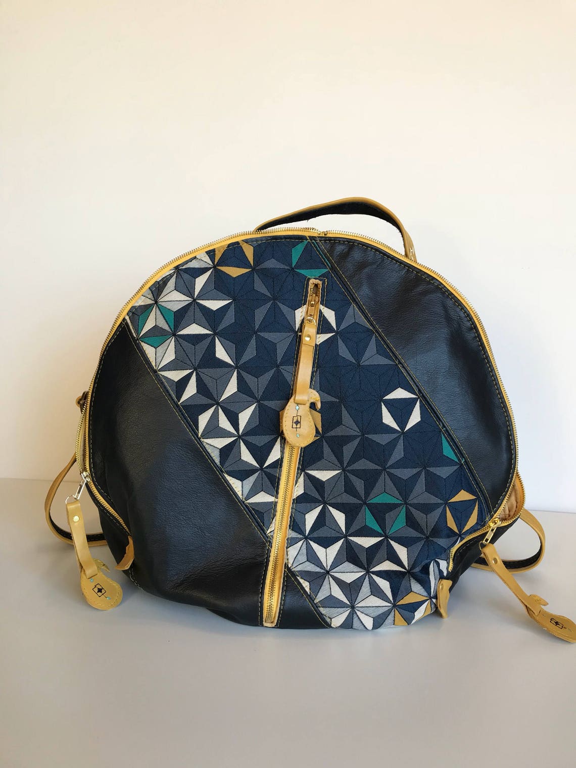 Transformable Leather Backpack Blue and Yellow With Geometric - Etsy